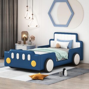 merax twin race car platform bed with wheels,pu leather car bed frame for boys twin size,kids bed frame with headboard,fits standard twin mattress(no mattress)