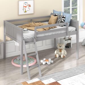 twin size low loft bed for kids,solid wood low loft bed with safety ladder,kids loft bed frame twin size with guardrail,space saving loft bed for girls boys (gray)