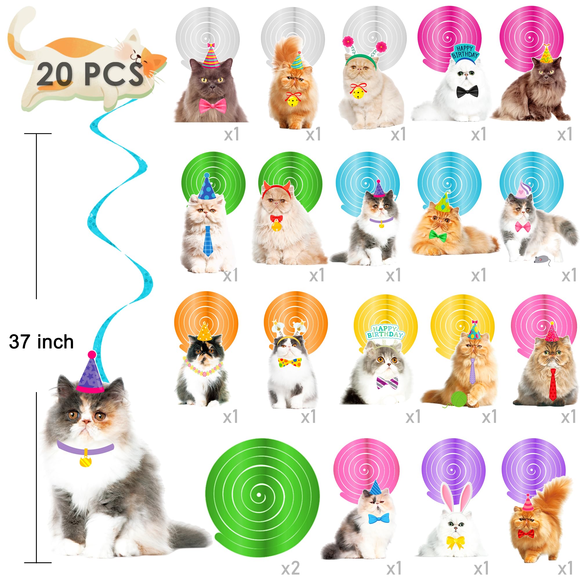 20Pcs Persian Cat Hanging Swirls Cat Themed Birthday Party Decorations Kitten Birthday Foil Ceiling Swirls Persian Cat Party Streamers for Pet Cat Baby Shower Supplies