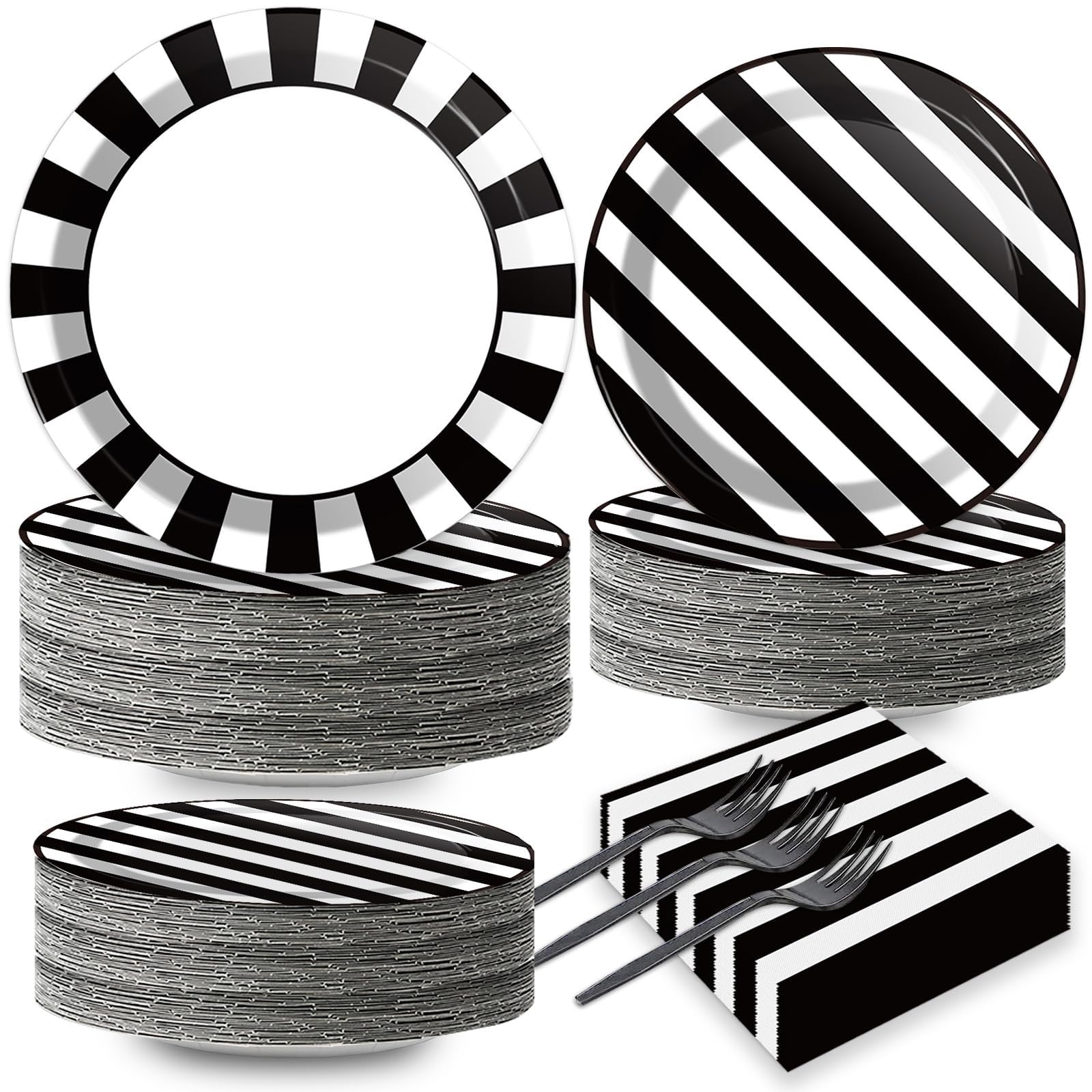 Black and White Party Tableware Set Striped Disposable Dinnerware Black and White Theme Party Decorations Happy Birthday Paper Plates Napkins Forks for Graduation Wedding Party Supplies 50 Guests