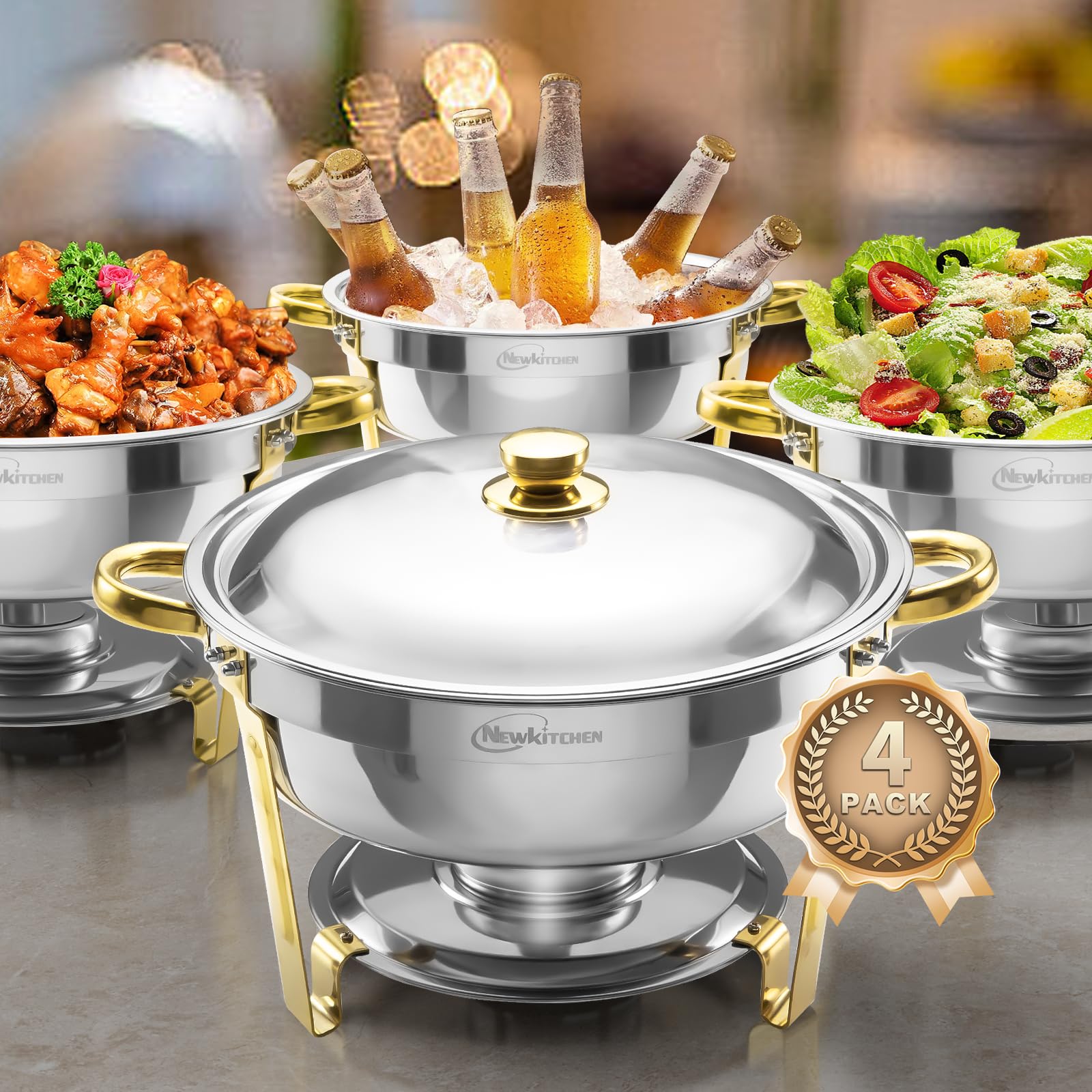 Chafing Dishes for Buffet 4 Pack, 6QT Round Chafing Dishes for Buffet [Elegant Gold and Silver Colors] Stainless Steel Chafing Dish Buffet Set for Any Party