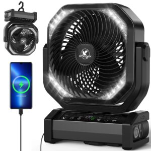 camping fan with light - 20000mah rechargeable battery fan, 112hrs max run time, 9 speeds, digital display, timer, auto oscillation, 270° pivot & hook for camping, power outage, hurricane (black)