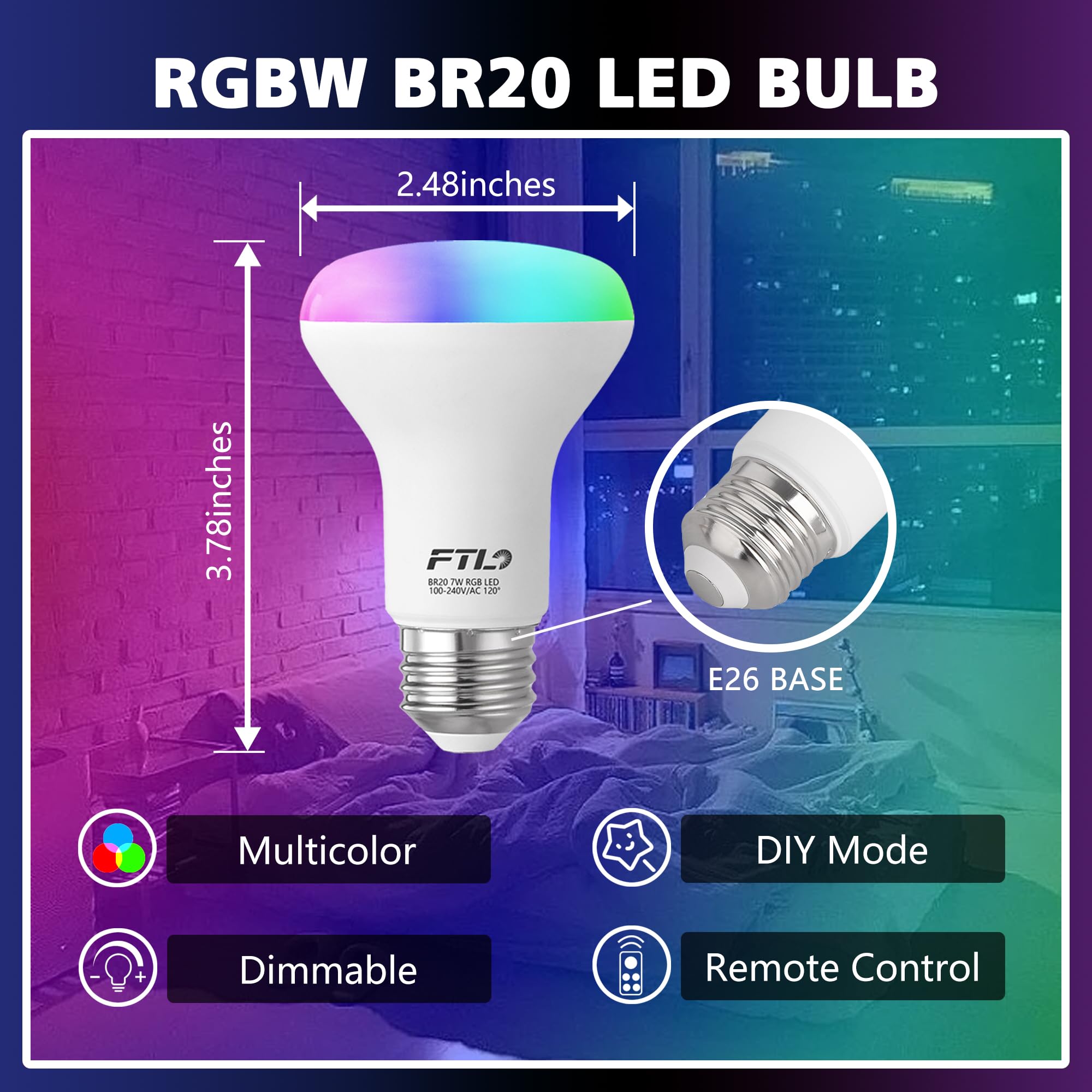 FTL BR20 LED Light Bulbs Color Changing, R20 Dimmable Flood Light Bulbs for Recessed Lighting, 30 Colors,2700K-6000K, Timer, 6-Pack