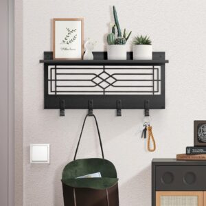 sokurdeg black wall shelf with hooks, coat rack wall mount with shelf, wall key holder with shelf, for entryway bathroom bedroom living room (16.5”w x 7.8”h x 4”d)