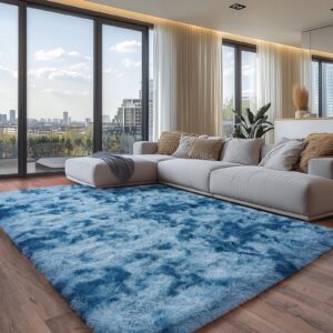 Ultra Soft Rug for Living Room, 6X9 Ft Tie-Dyed Blue Fluffy Shag Area Rug for Bedroom, Modern Shaggy Carpets Fuzzy Rug for Teens Dorm, Upgrade Anti-Skid Durable Fuzzy Plush Rug