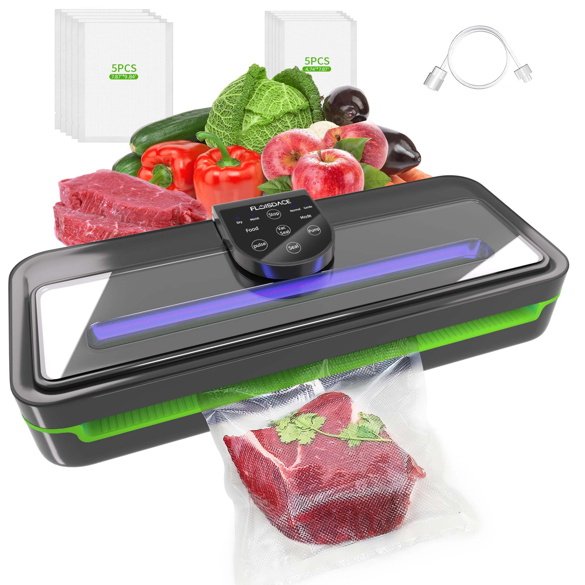 Vacuum Sealer Machine, 10-in-1 Upgraded Powerful Vacuum Sealer for Food, 85Kpa Fully Automatic Lock, See-through Glass Cover, with 10 Bags, Vacuum Sealing Hose, Built-in Cutter, Removable Drip Tray