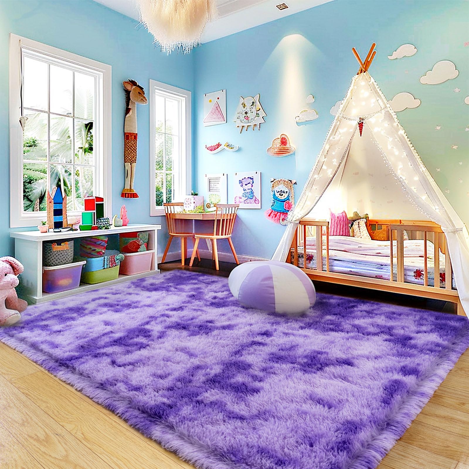 Tie-Dyed Purple Shaggy Rugs Fluffy Carpets, Indoor Modern Plush Area Rugs for Living Room, Upgrade Anti-Skid Area Rug, Rectangular 4x6 Feet Fuzzy Rug for Nursery Home Decor