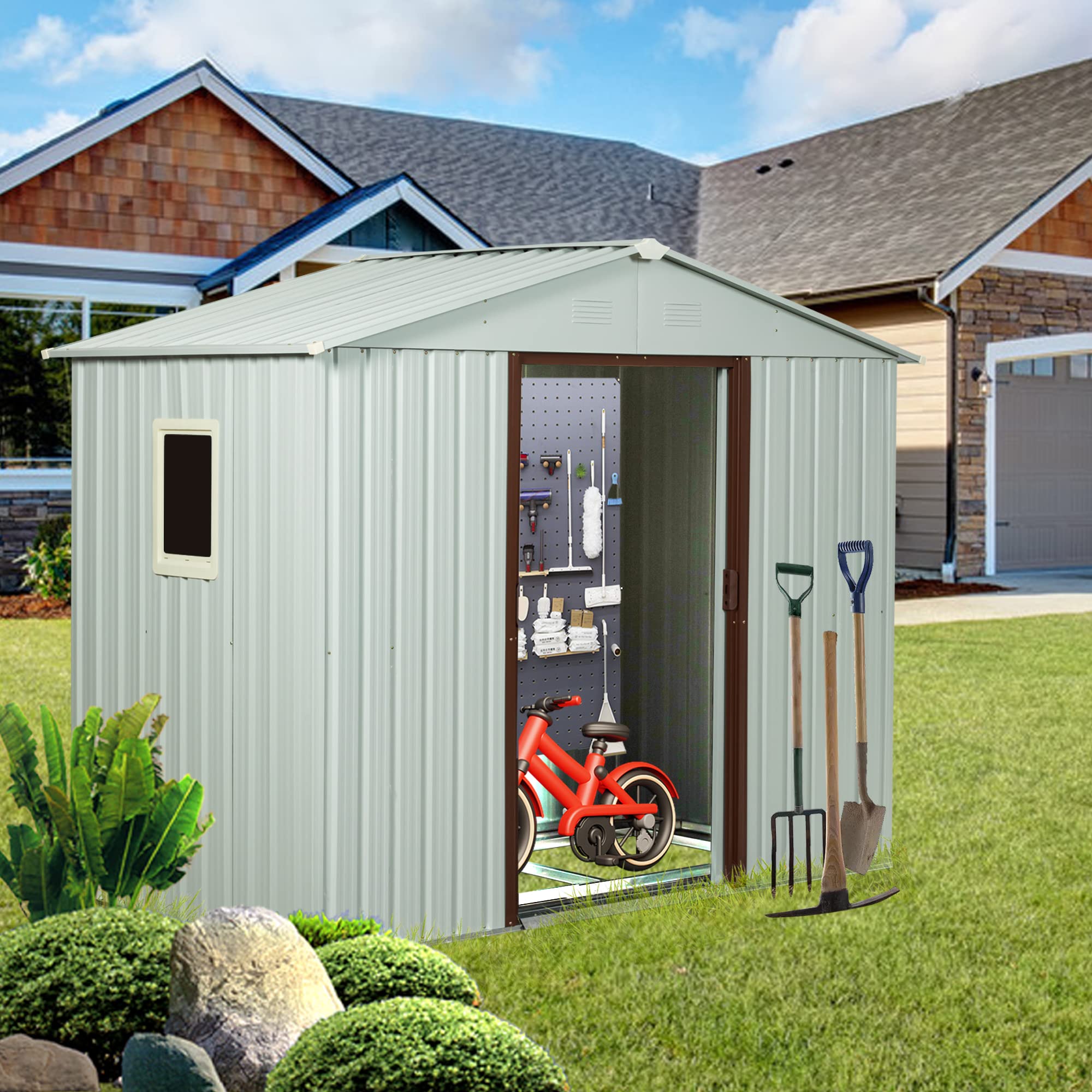 8ft x 4ft Outdoor Storage Shed Weather Resistant Sliding Doors Padlock Punched Vents Shed for Home Garden Backyard White