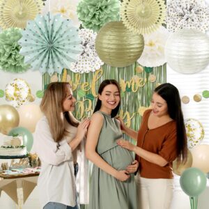 Sage Green Baby Shower Decorations, Welcome Baby Gender Neutral Baby Shower Decor, with Tissue Pom Poms, Balloons, Tassel Garland, Paper Lanterns for Gender Reveal Birthday Party Decorations