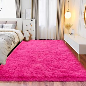 Isdook Shaggy 5x7 Area Rug, Shag Hot Pink Rug-Fuzzy Rugs for Living Room, Kids Boys Living Bedroom Decor - Modern High Pile Non Slip Area Rug