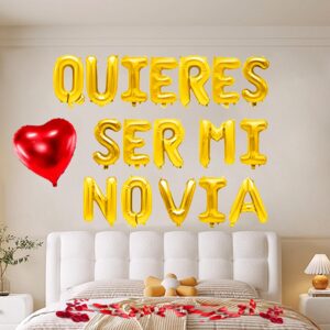 QUIERES SER MI NOVIA - 16'' Will You Be My Girlfriend Balloons Spanish with 200pcs Artificial Rose Petals for Valentines Day Decorations (Quieres Ser Mi Novia Balloons Gold)