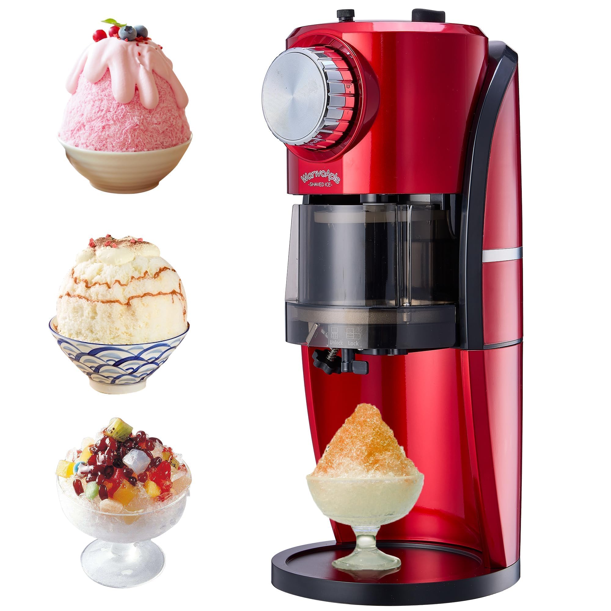 Wanvoapls Shaved Ice Machine - Snow Cone Machine for Homemade Shaved Ice, Snow Cones, Slushie Ice Shaver With Stainless Steel Blade Adjustment Knob, 2 Reusable Ice Mold Cup for snowflakes - Retro Red