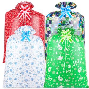 jwscysy 4pcs extra large christmas gift bags, jumbo christmas bags 60" x 36" oversized plastic gift bags with pull bows and tags for huge giant xl xmas holiday gifts presents wrapping