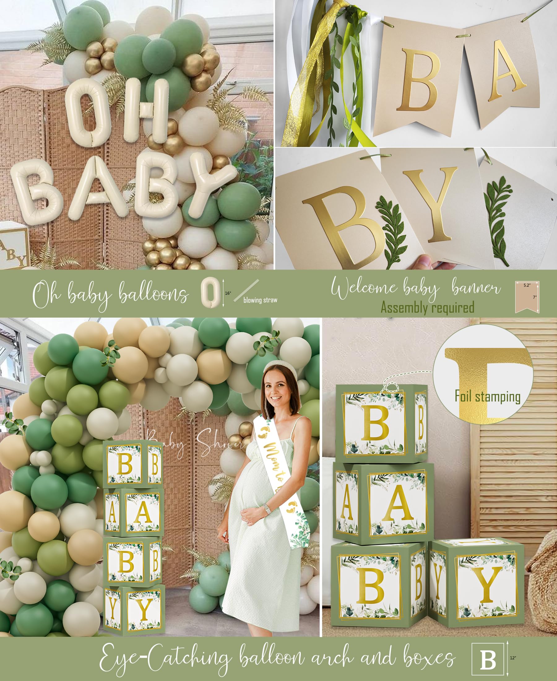 Sage Green Baby Shower Decorations, Gender Neutral Baby Shower Decorations, Greenery Baby Shower Party Supplies, Oh Baby Backdrop Tablecloth Balloon Garland BABY Box Welcome Baby Banner