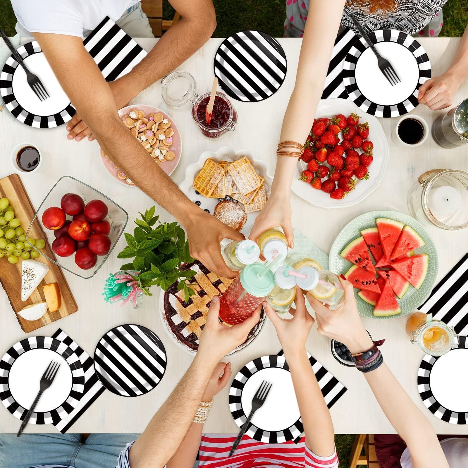 Black and White Party Tableware Set Striped Disposable Dinnerware Black and White Theme Party Decorations Happy Birthday Paper Plates Napkins Forks for Graduation Wedding Party Supplies 50 Guests