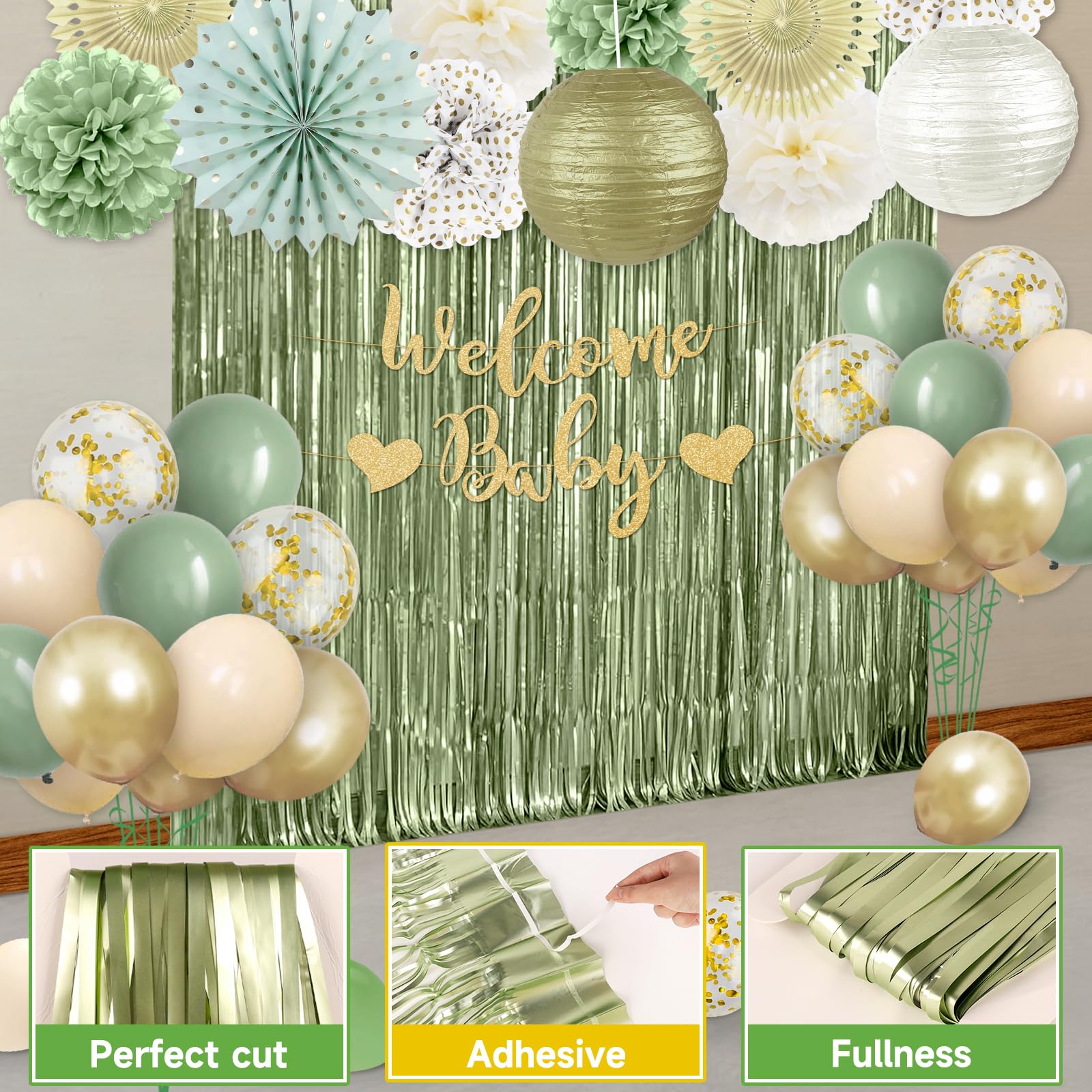 Sage Green Baby Shower Decorations, Welcome Baby Gender Neutral Baby Shower Decor, with Tissue Pom Poms, Balloons, Tassel Garland, Paper Lanterns for Gender Reveal Birthday Party Decorations