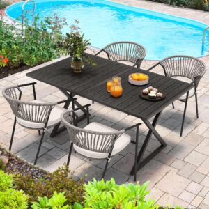 yitahome 5 piece patio dining set, stackable chairs with comfortable cushions, 59" rectangle tables with metal frame and faux wood tabletop for patio balcony porch poolside lawn garden, black & beige