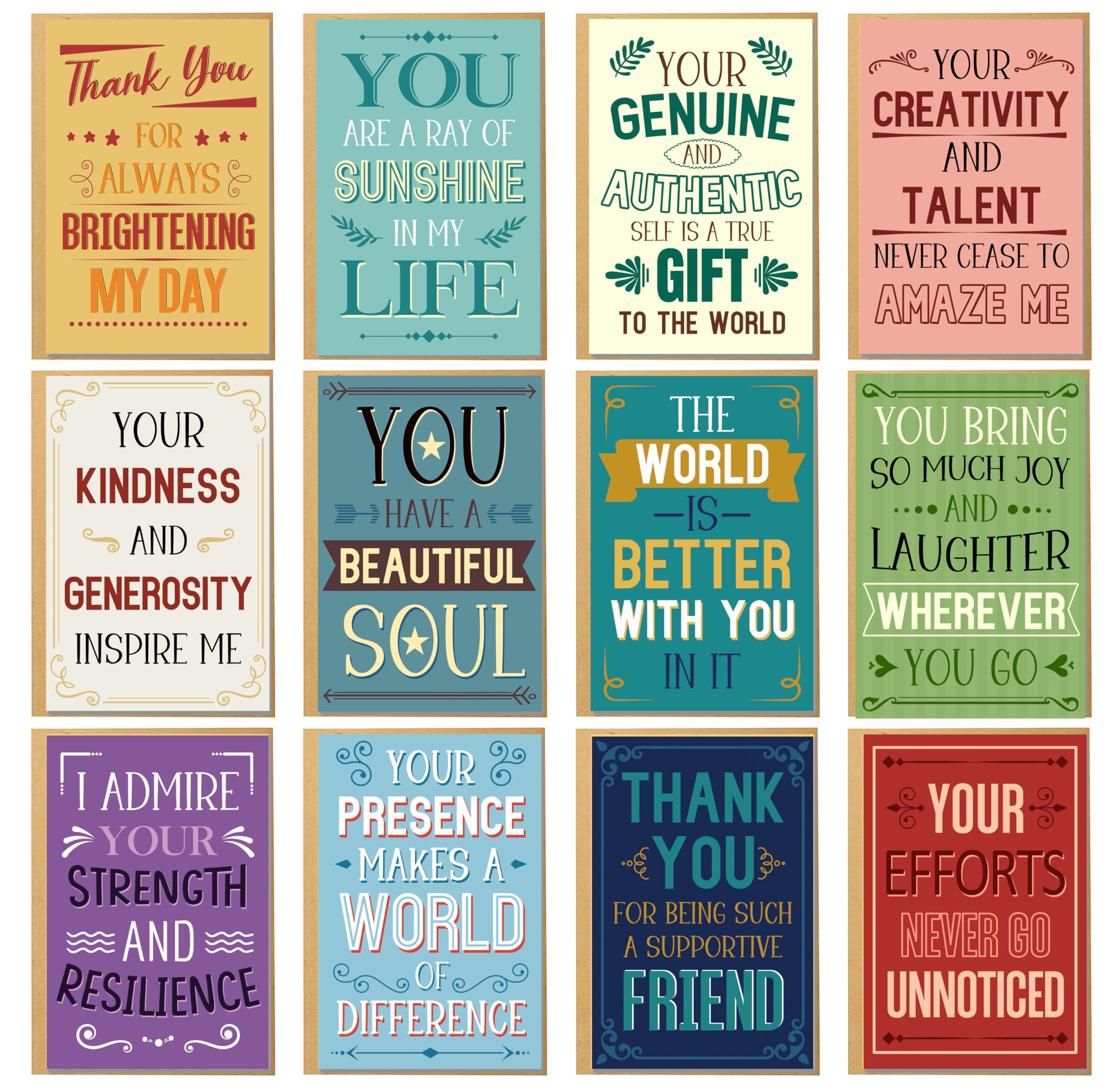 Employees Appreciation Cards Bulk, Thank You Motivational Cards for Business Team Work, Encouragement Affirmation Note Cards for Staff Coworker Friend Family - 12 Unique Designs(4 x 6 In, 24 Pack)