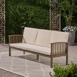 Elevon 3-Seat Patio Furniture Set, Loveseat Sofa with Soft Cushions, Outdoor Acacia Wood Conversation Set for Backyard, Balcony and Deck, Water-Resistant, Gray Patina Finish and Cream