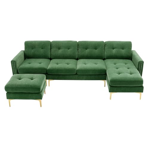 EOVTK Convertible Sectional Sofa with Movable Ottoman, 110" L-Shape Velvet Couch with Golden Metal Legs & Side Storage Pockets for Living Room, Apartment, Office, Green