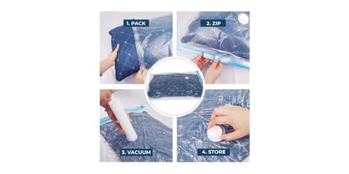 8 Pack Jumbo Vacuum Storage Seal Bags With Zipper, and Pump, Space Saver 85%, Airtight Compresion. For Travel, luggage, Comforters, Pillows, Blankets, bedding, Sacks and Clothes