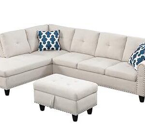 98" W Linen Sectional Sofa Upholstered Modular Couch with Cup Holder, 29" W Ottoman, 3 Combo Piece Living Room Furniture Set for 2 Toss Pillows and Rounded Arm, L-Shaped Button Nailhead Trim, Beige