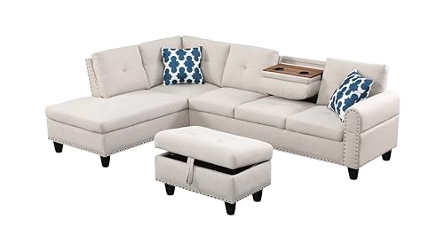 98" W Linen Sectional Sofa Upholstered Modular Couch with Cup Holder, 29" W Ottoman, 3 Combo Piece Living Room Furniture Set for 2 Toss Pillows and Rounded Arm, L-Shaped Button Nailhead Trim, Beige