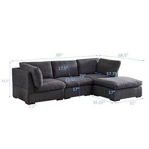 ERYE L-Shape Modular Down Feather Fill Sectional Sofa W/Reversible Chaise, Modern Free Combined TV Couch Comfortable Deep Seat Corner Sofa&Couch with Movable Ottoman for Living Room