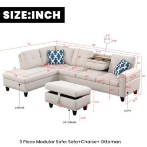 98" W Linen Sectional Sofa Upholstered Modular Couch with Cup Holder, 29" W Ottoman, 3 Combo Piece Living Room Furniture Set for 2 Toss Pillows and Rounded Arm, L-Shaped Button Nailhead Trim, Beige