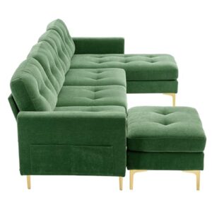 EOVTK Convertible Sectional Sofa with Movable Ottoman, 110" L-Shape Velvet Couch with Golden Metal Legs & Side Storage Pockets for Living Room, Apartment, Office, Green