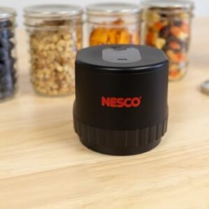 Nesco Electric Mason Jar Vacuum Sealer Kit, Type-C charging, fits wide and regular mouth jars, comes with 5 regular and 5 wide lids, bottle opener, and charging cable