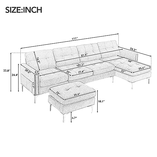 EOVTK Convertible Sectional Sofa with Movable Ottoman, 110" L-Shape Velvet Couch with Golden Metal Legs & Side Storage Pockets for Living Room, Apartment, Office, Green