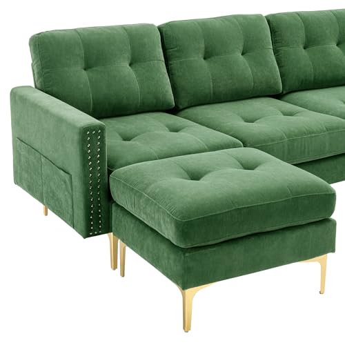 EOVTK Convertible Sectional Sofa with Movable Ottoman, 110" L-Shape Velvet Couch with Golden Metal Legs & Side Storage Pockets for Living Room, Apartment, Office, Green