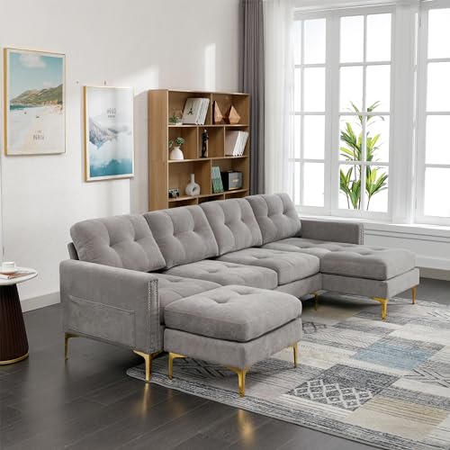 EOVTK Convertible Sectional Sofa with Movable Ottoman, 110" L-Shape Velvet Couch with Golden Metal Legs & Side Storage Pockets for Living Room, Apartment, Office, Light Gray