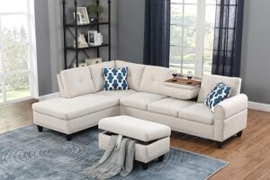 98" w linen sectional sofa upholstered modular couch with cup holder, 29" w ottoman, 3 combo piece living room furniture set for 2 toss pillows and rounded arm, l-shaped button nailhead trim, beige