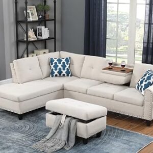 98" W Linen Sectional Sofa Upholstered Modular Couch with Cup Holder, 29" W Ottoman, 3 Combo Piece Living Room Furniture Set for 2 Toss Pillows and Rounded Arm, L-Shaped Button Nailhead Trim, Beige