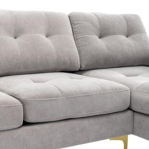 EOVTK Convertible Sectional Sofa with Movable Ottoman, 110" L-Shape Velvet Couch with Golden Metal Legs & Side Storage Pockets for Living Room, Apartment, Office, Light Gray