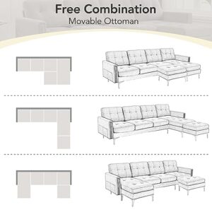 EOVTK Convertible Sectional Sofa with Movable Ottoman, 110" L-Shape Velvet Couch with Golden Metal Legs & Side Storage Pockets for Living Room, Apartment, Office, Light Gray