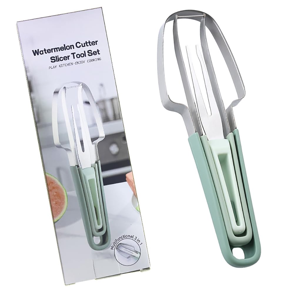 3-in-1 Watermelon Fork Slicer Cutter,Watermelon Cutter Slicer Tool,Stainless Steel Watermelon Windmill Cutter,Melon Cutter Knife Portability Fruit Fork for Kitchen, picnicking (Green)