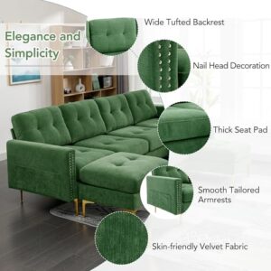 EOVTK Convertible Sectional Sofa with Movable Ottoman, 110" L-Shape Velvet Couch with Golden Metal Legs & Side Storage Pockets for Living Room, Apartment, Office, Green