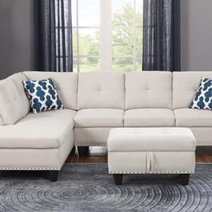 98" W Linen Sectional Sofa Upholstered Modular Couch with Cup Holder, 29" W Ottoman, 3 Combo Piece Living Room Furniture Set for 2 Toss Pillows and Rounded Arm, L-Shaped Button Nailhead Trim, Beige