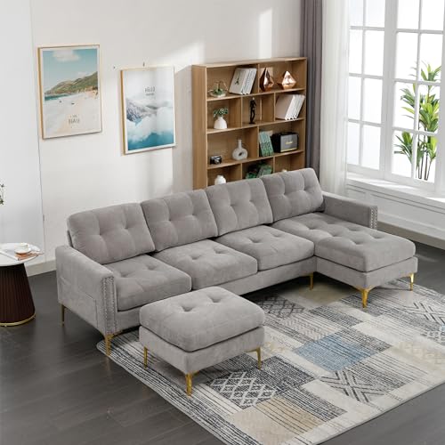 EOVTK Convertible Sectional Sofa with Movable Ottoman, 110" L-Shape Velvet Couch with Golden Metal Legs & Side Storage Pockets for Living Room, Apartment, Office, Light Gray