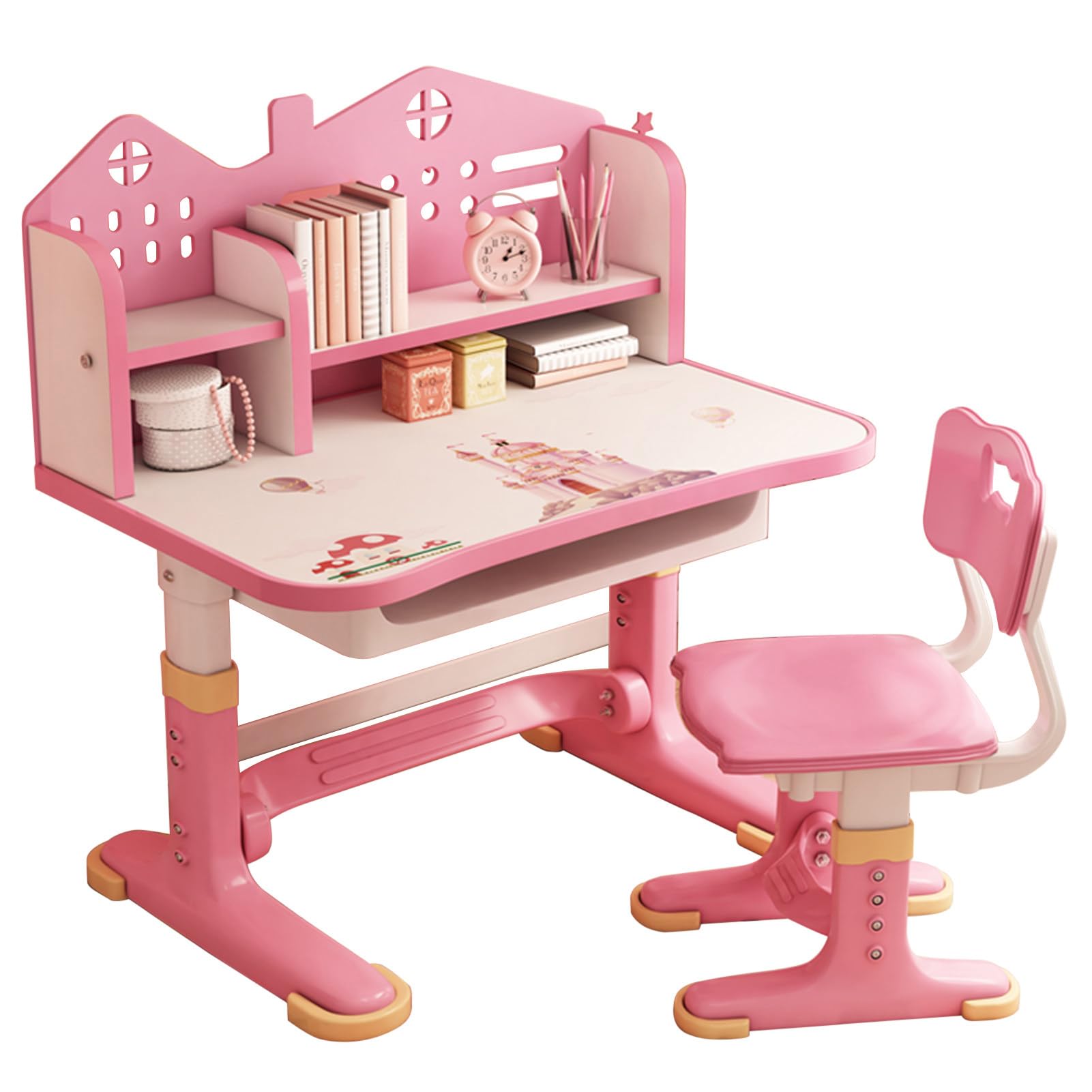 Hiborth Kids Adjustable Study Desk and Chair Set with Castle Backboard, Widened Desktop, and Bookstand