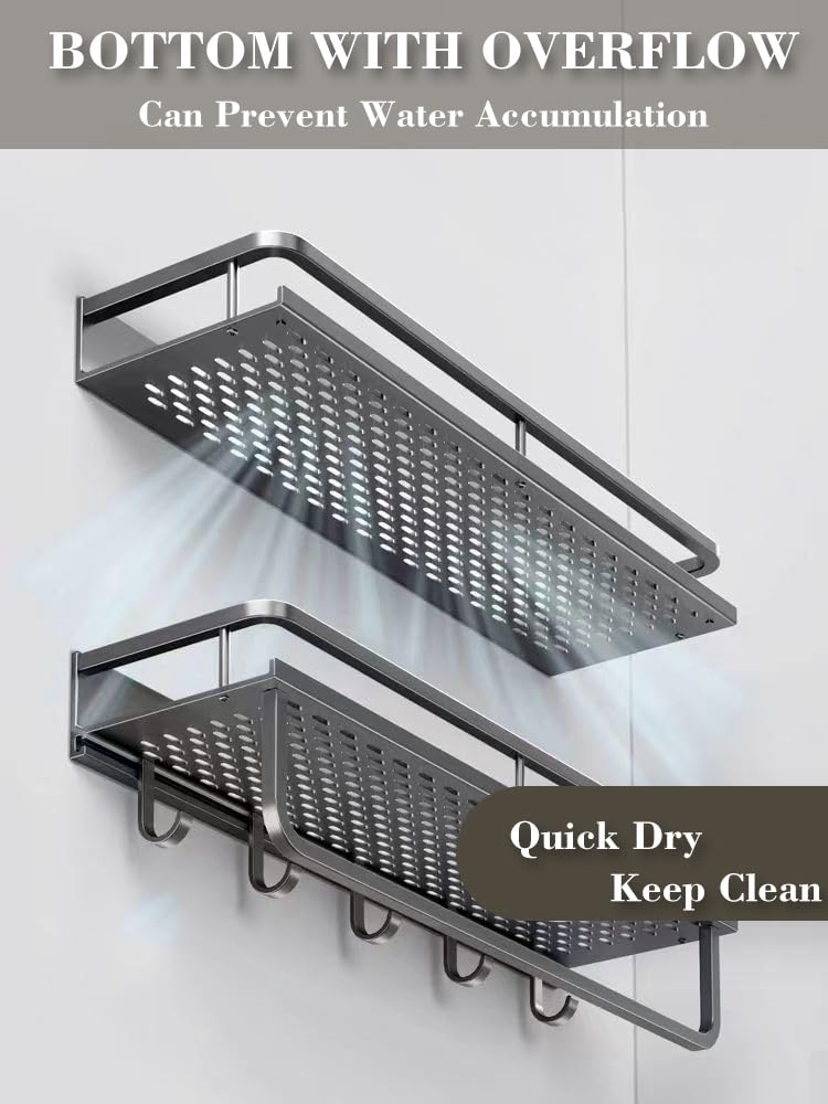 Z metnal Shower Shelves with Towel Bar & Hooks, Small Floating Wall Shelves for Kitchen, Adhesive Shower Caddy Organizer Basket, 16 inch, No Drilling or Wall Mounted, Black,2 pcs