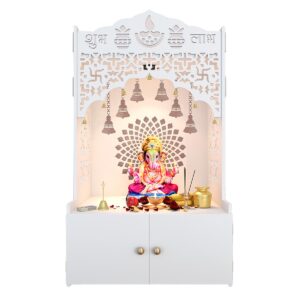 homscape divine wooden temple for serenity with spacious shelf & inbuilt focus light - white color