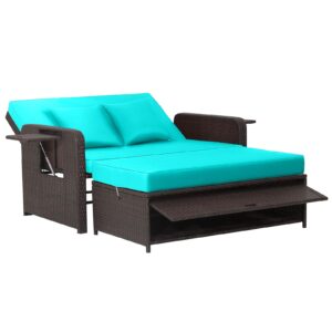 RELAX4LIFE Wicker Patio Outdoor Daybed - Rattan Day Bed Lounger with Loveseat & Storage Ottoman, Sunbed Sofa Set w/Cushions, 4-Level Adjustable Backrest & 2 Retractable Trays, Patio Daybed (Turquoise)