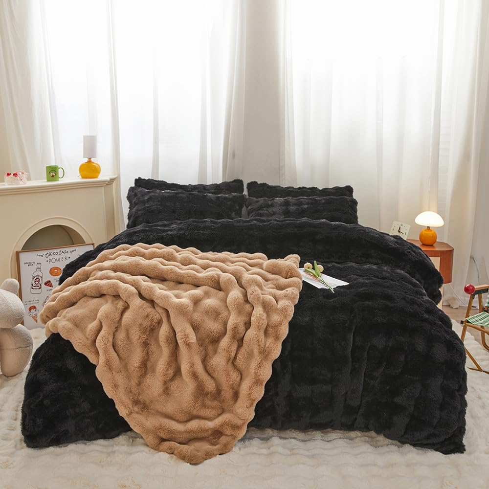 chovy Kids Girls Rabbit Plush Black Bread Grid Comforter Cover Duvet Cover Full - 3PC Faux Fur Bed Set Soft Warm Velvet Flannel Fluffy Fuzzy Bedding（Comforter x 1 Pillowcases x 2）