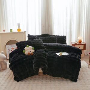 chovy kids girls rabbit plush black bread grid comforter cover duvet cover full - 3pc faux fur bed set soft warm velvet flannel fluffy fuzzy bedding（comforter x 1 pillowcases x 2）