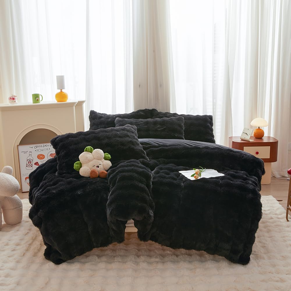 chovy Kids Girls Rabbit Plush Black Bread Grid Comforter Cover Duvet Cover Full - 3PC Faux Fur Bed Set Soft Warm Velvet Flannel Fluffy Fuzzy Bedding（Comforter x 1 Pillowcases x 2）