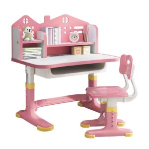 Hiborth Kids Adjustable Study Desk and Chair Set with Castle Backboard, Widened Desktop, and Bookstand